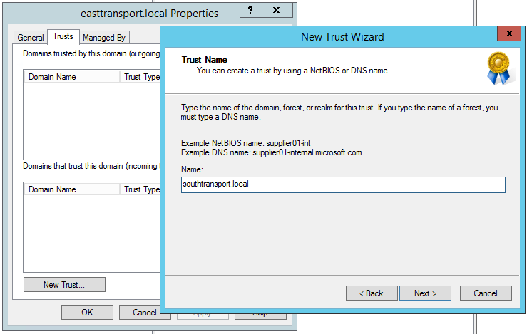 Creating a shortcut trust relationship between two separate Windows Domains