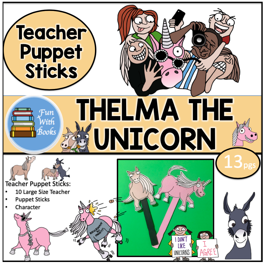 THELMA THE UNICORN TEACHER PUPPET STICKS ~ Book Units by Lynn