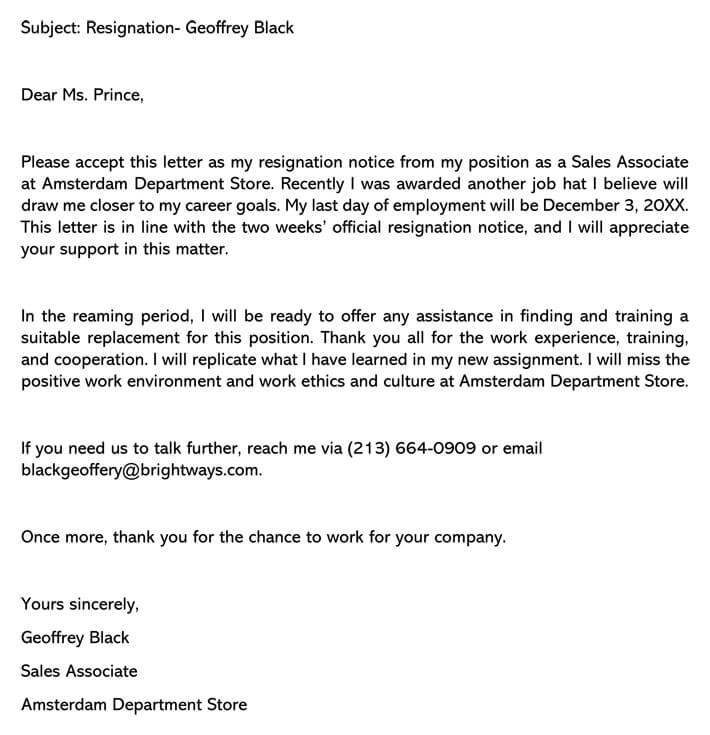 Letter Of Resignation Retail - Formal Letter