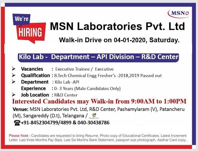 UDYOG ADDA: MSN LABORATORIES PVT LTD WALK IN DRIVE 04/01/2020 ... UDYOG ADDA: MSN LABORATORIES PVT LTD WALK IN DRIVE 04/01/2020 ...