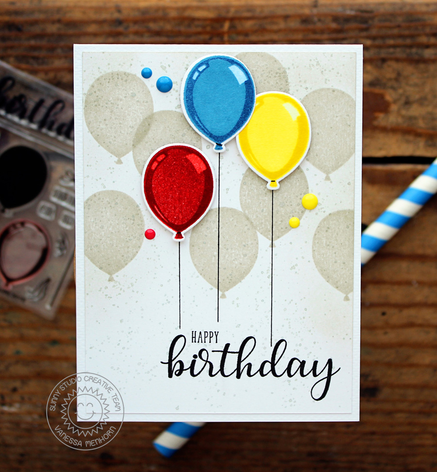 Sunny Studio: Birthday Balloon Subtle Stamped Background Card with Vanessa
