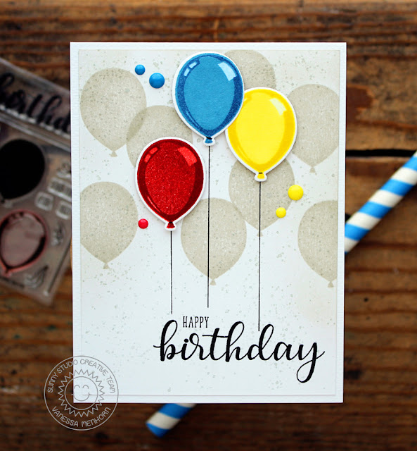 Sunny Studio: Birthday Balloon Subtle Stamped Background Card with Vanessa