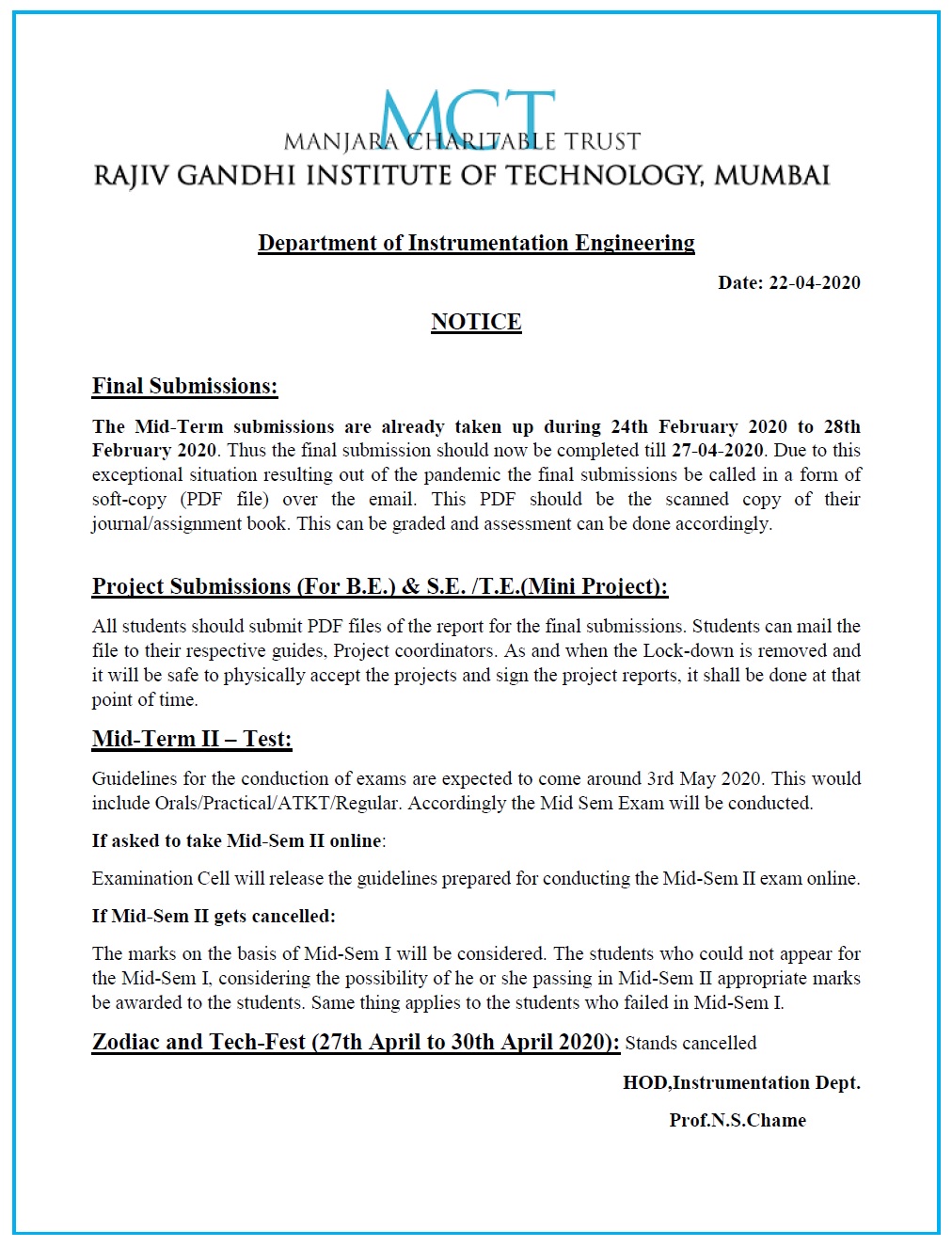 Instrumentation Engineering,MCT's RGIT,Mumbai: Notice Regarding Final ...