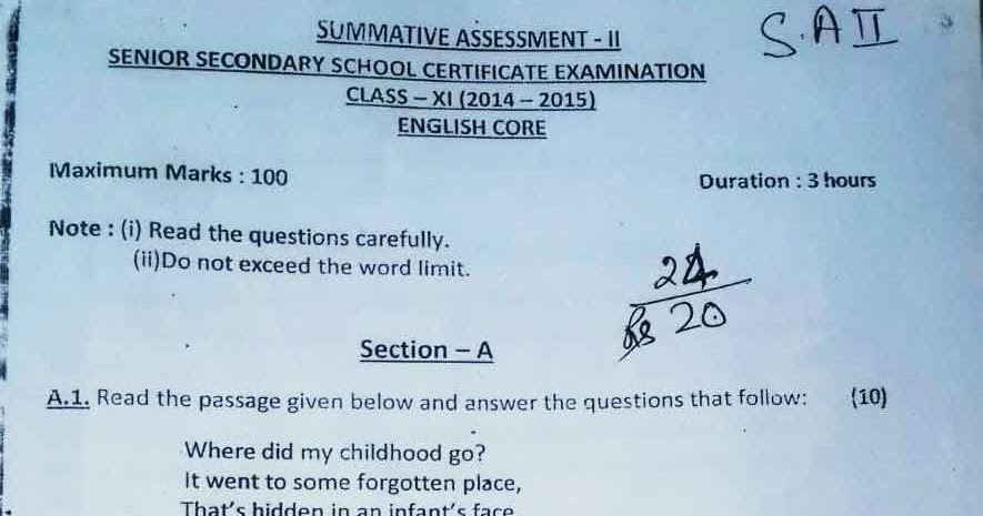 SA 2 EXAMINATION PAPER XI ENGLISH CORE AMU BOARD