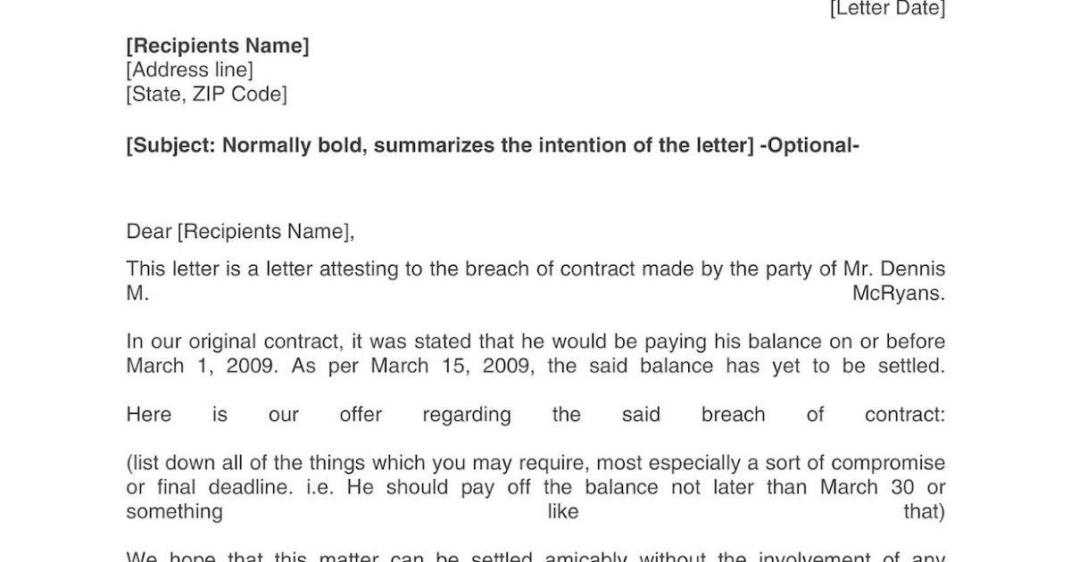 Notice Of Breach Of Contract Letter Template ~ Resume Letter