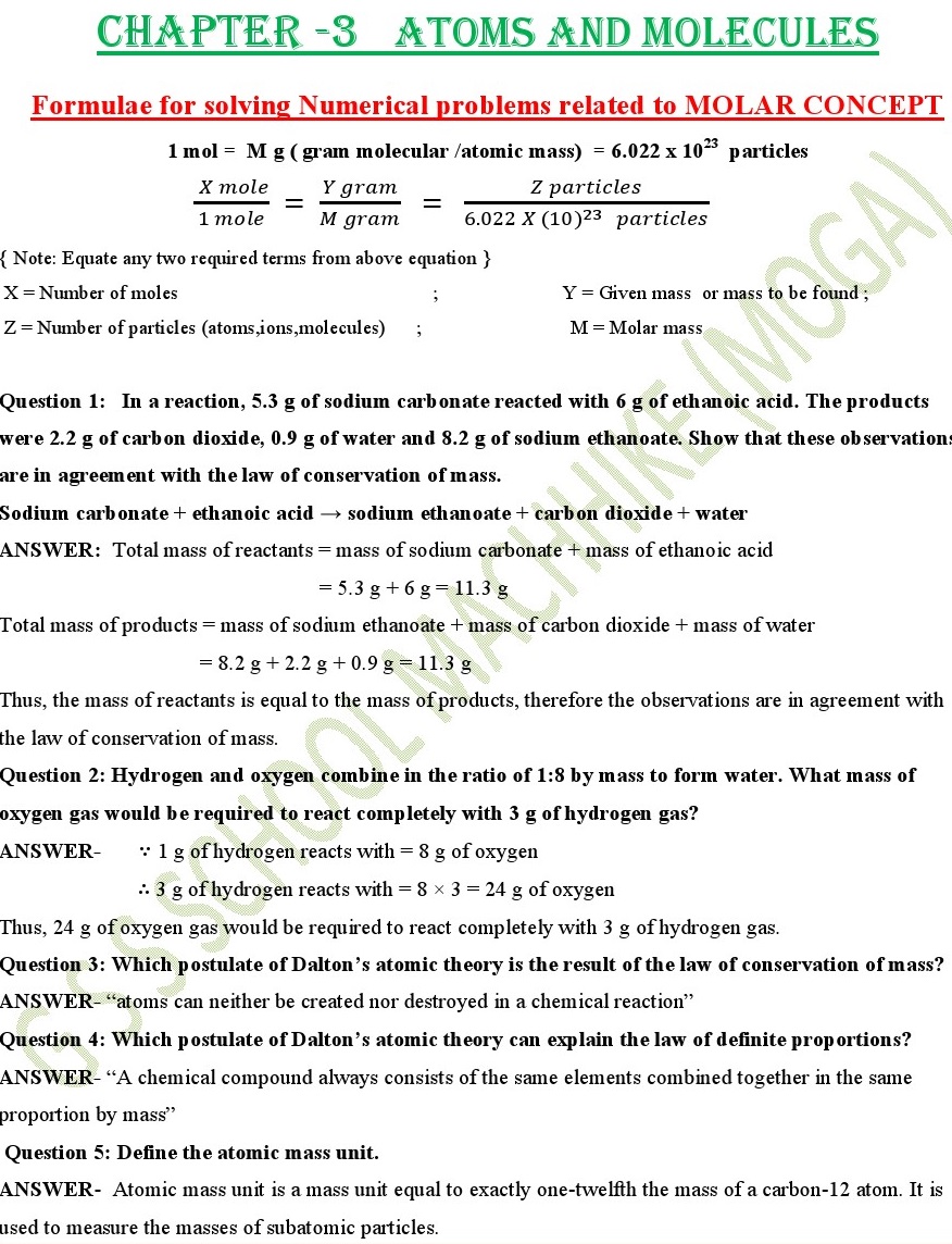 Chapter 3 Atoms and Molecules - Class 9