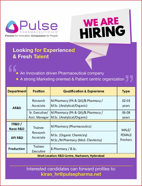 Pulse Pharmaceuticals - Multiple Openings for Freshers & Experienced in Production / R&D / FR&D ...
