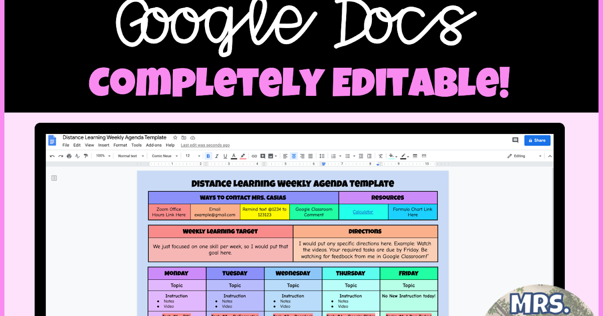 Distance Learning - Weekly Agenda Template