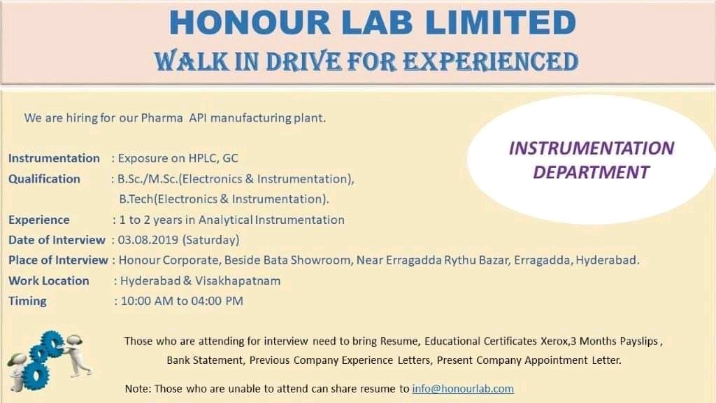 Honour Labs | Walk-in interview for Instrumentation | 3 August 2019 ...