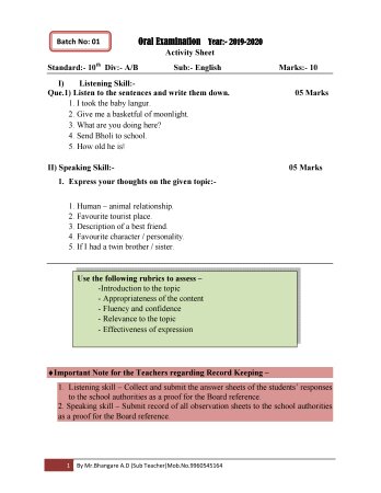 ENGLISH FOR HIGHSCHOOL: Oral Examination Activity Sheet 2020