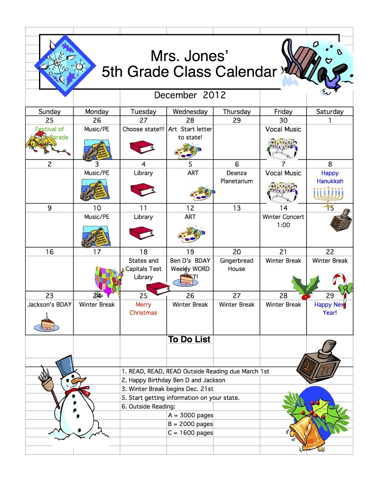 Mrs. Jones' 5th Grade Happenings: December calendar