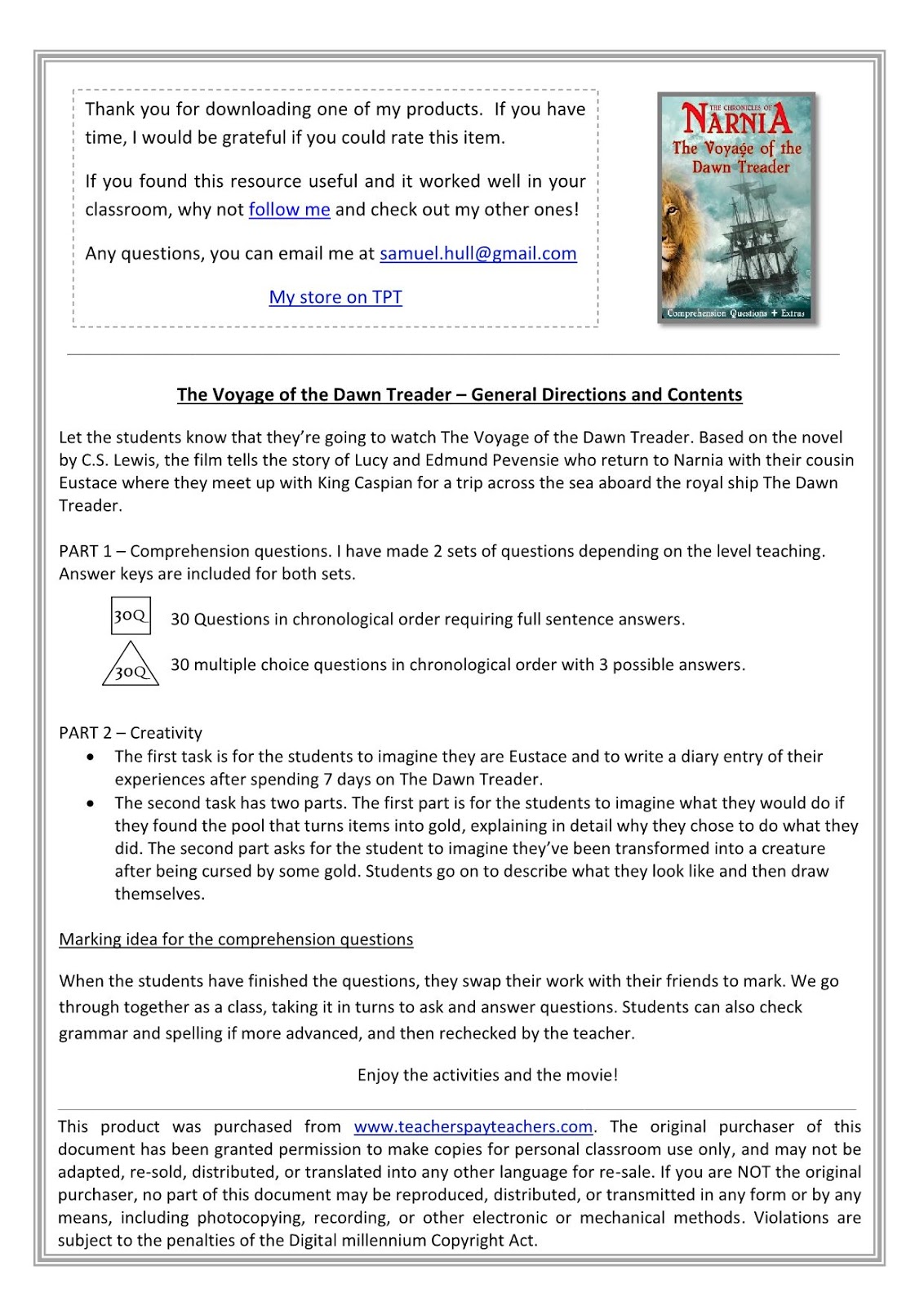 The Voyage of the Dawn Treader Movie Guide + Activities - Answer Key ...