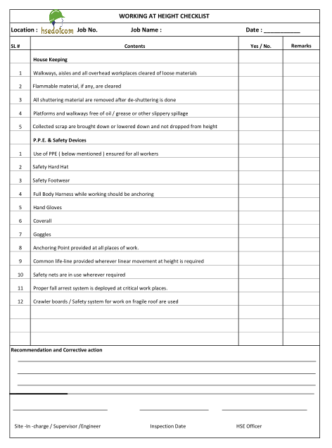 Free download this Work at height job inspection checklist in excel ...