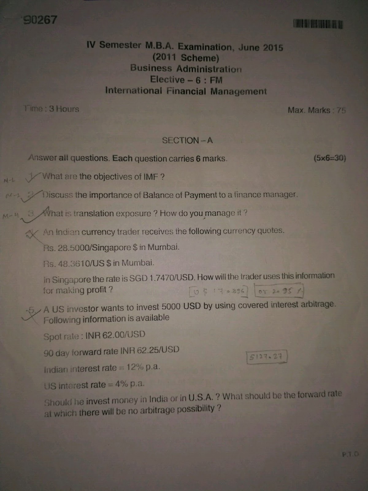 IV SEM INTERNATIONAL FINANCIAL MANAGEMENT QUESTION PAPERS