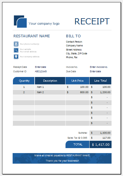 Dinner Bill Format - Invoice Template