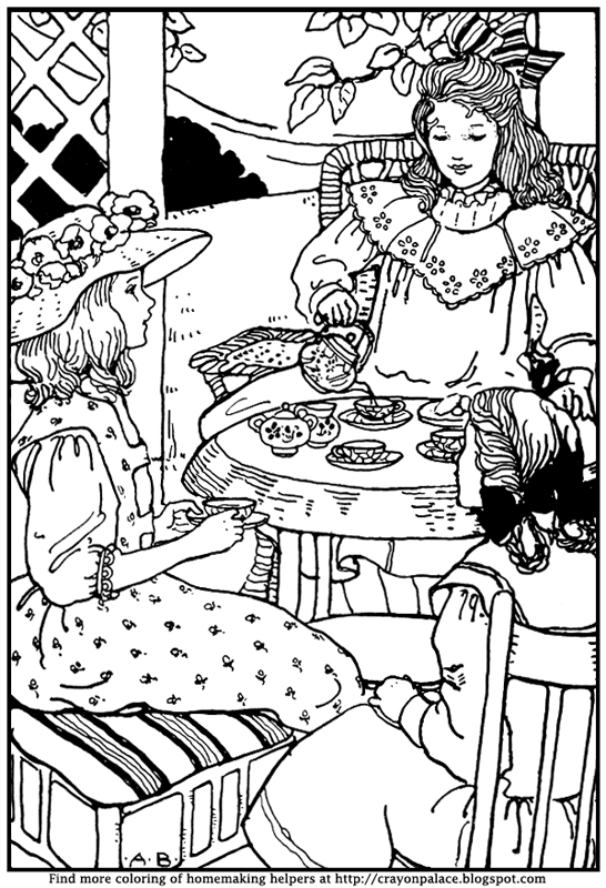 Crayon Palace: Coloring page of girls having tea