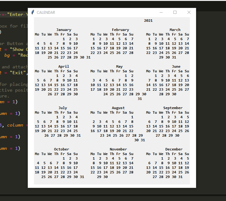 Python | GUI Calendar using Tkinter