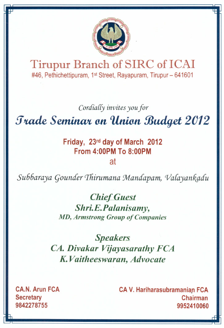Tax Practitioners' Association, Tirupur: Budget Meeting Invitation