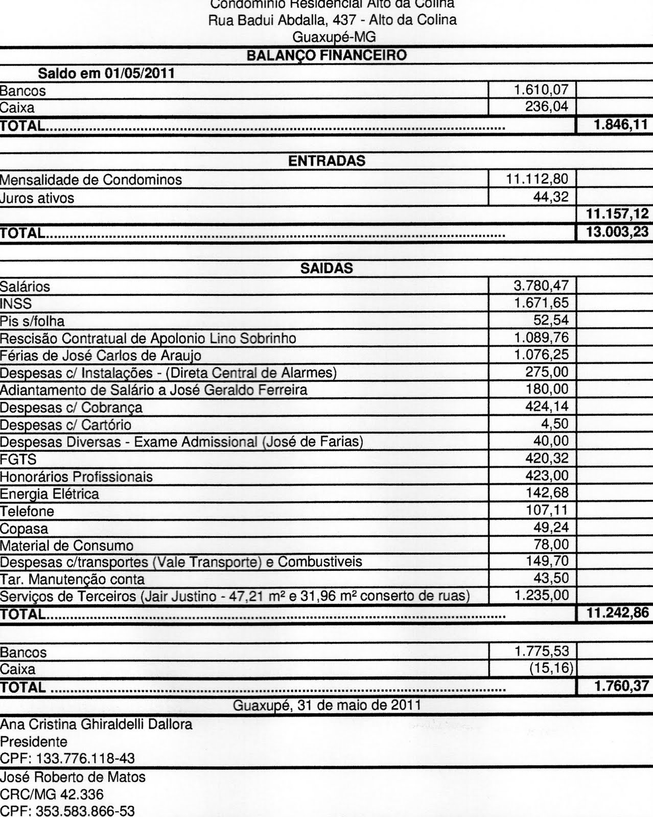Residencial Alto da Colina: Balancete