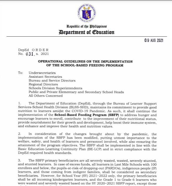 DepEd Order No. 031 s. 2021 | OPERATIONAL GUIDELINES ON THE IMPLEMENTATION OF THE SCHOOL-BASED ...