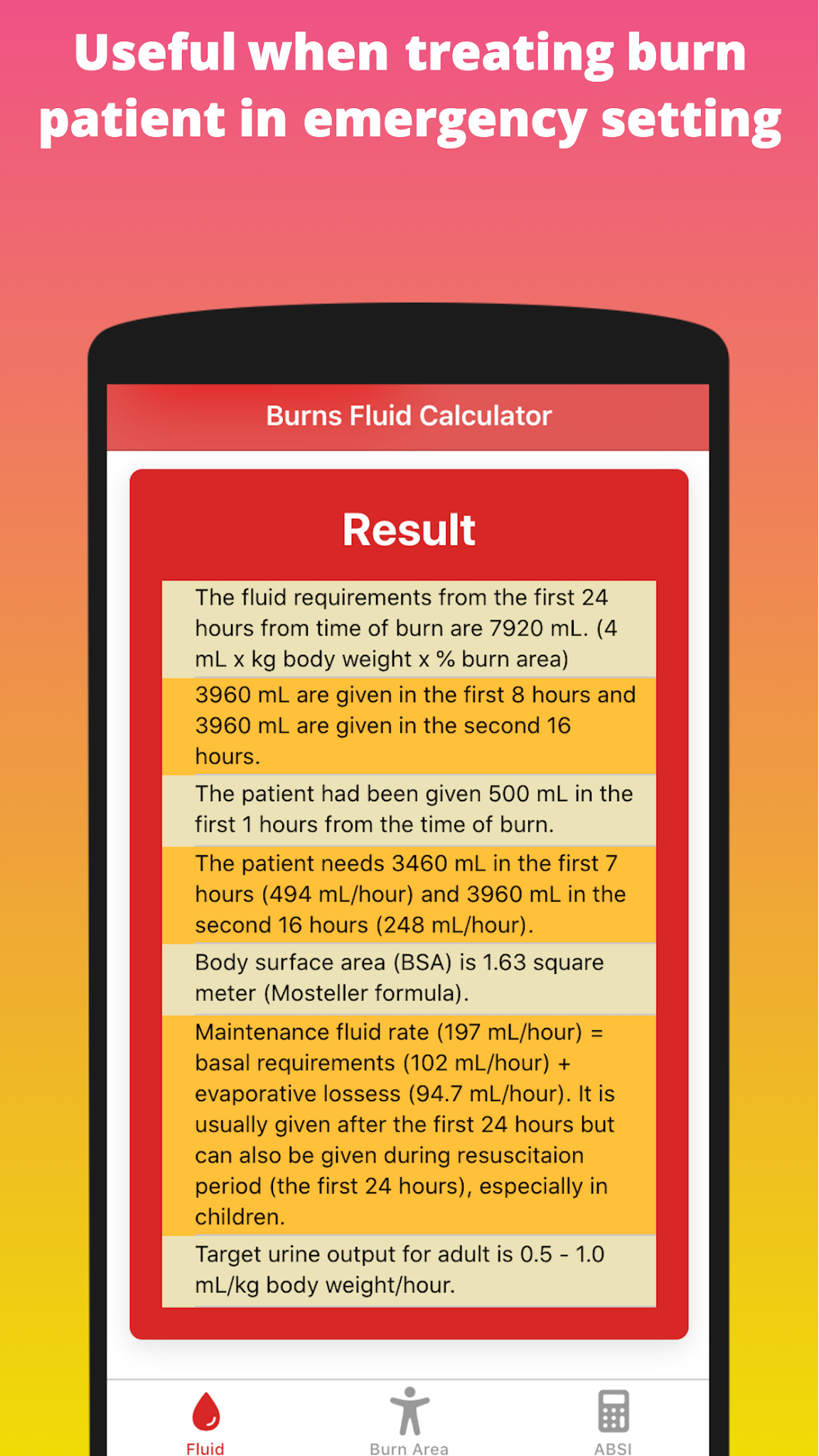 Burns Fluid Calculator: Parkland or Baxter Formula ~ iMedical Apps