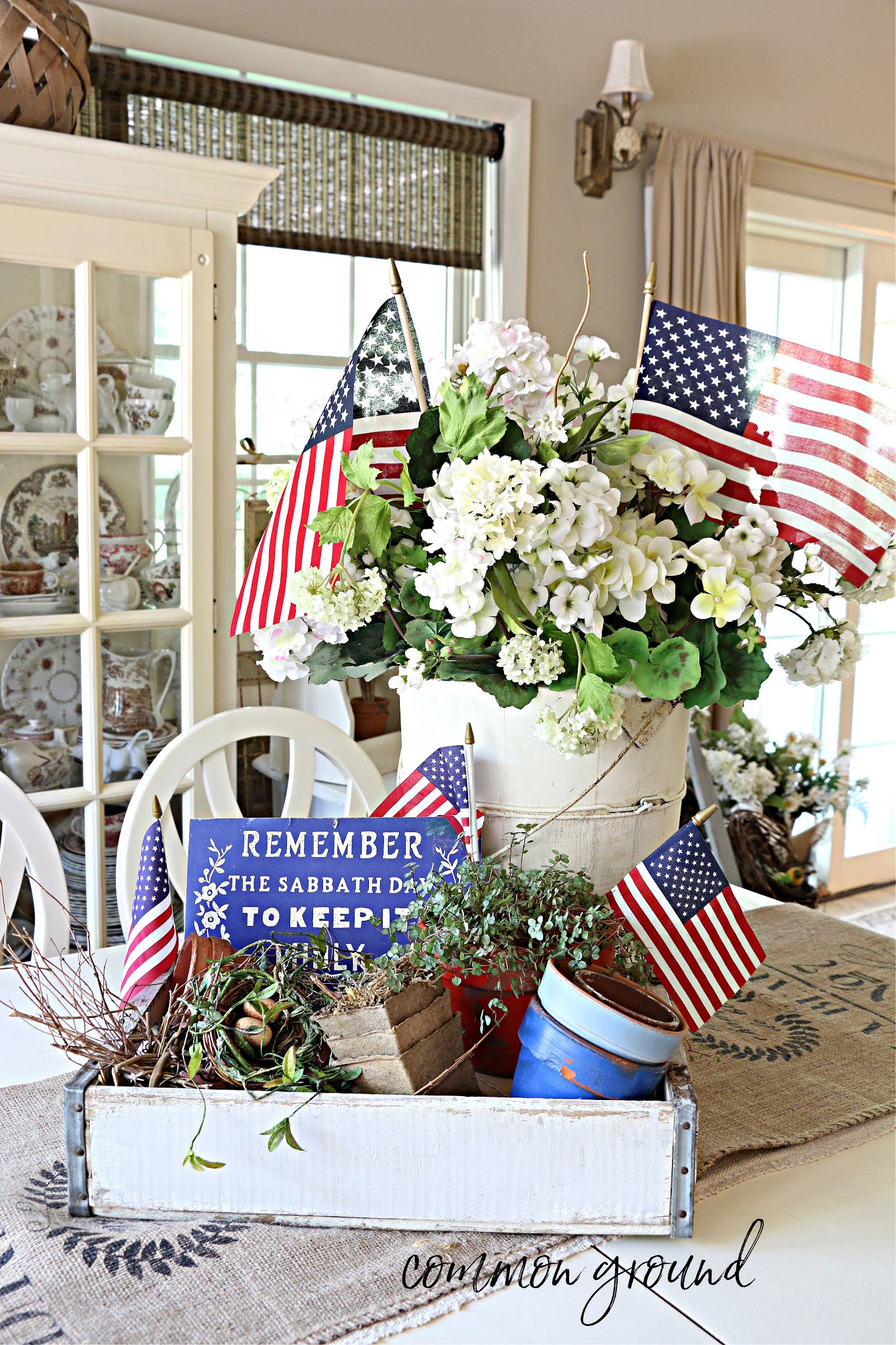 common ground : Patriotic Farmtable Garden Bucket with Flags