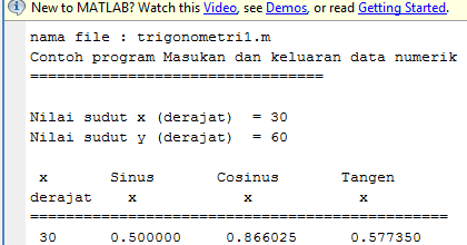 Dasar Pemrograman Komputer: Contoh pemrograman Fungsi Trigonometri dengan Matlab