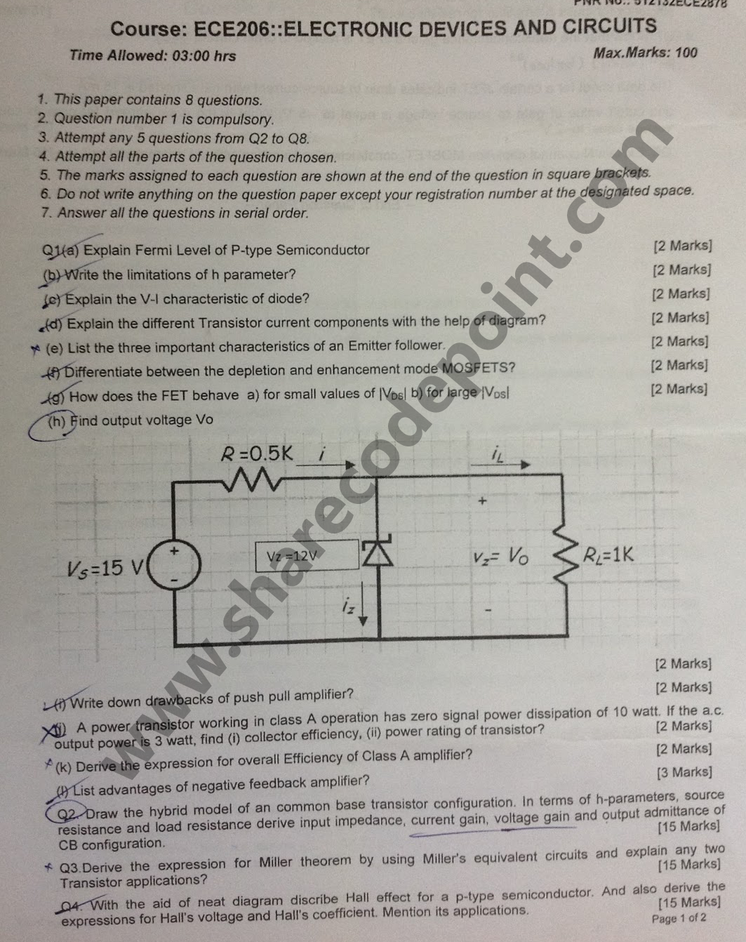 Ece206 Electronic Devices And Circuits End Term Exam Question Paper Ece 206 Lpu Question Paper