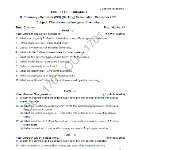 Osmania University B. Pharmacy I-Semester. (PCI) (Backlog) Subject ...