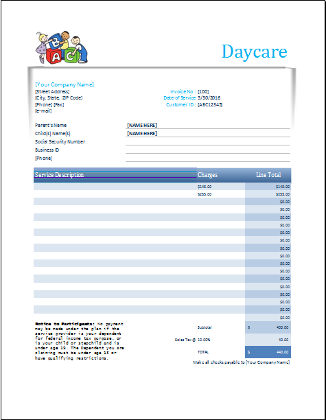 Printable Daycare Receipts - Invoice Template