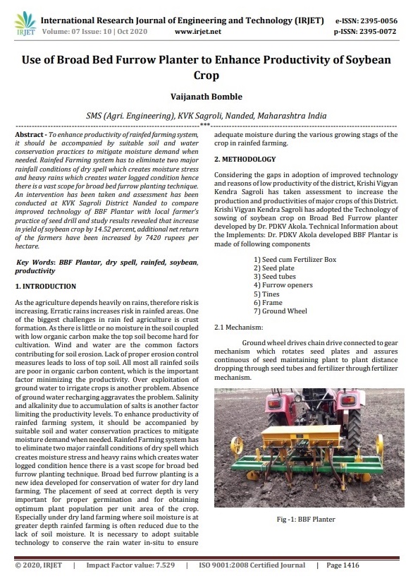Use of Broad Bed Furrow Planter for Enhance Productivity of Soybean Crop