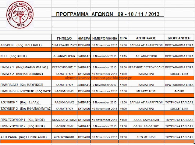 Olympiakos liosion f.c: ΠΡΟΓΡΑΜΜΑ ΑΓΩΝΩΝ 9 & 10 / 11 / 2013