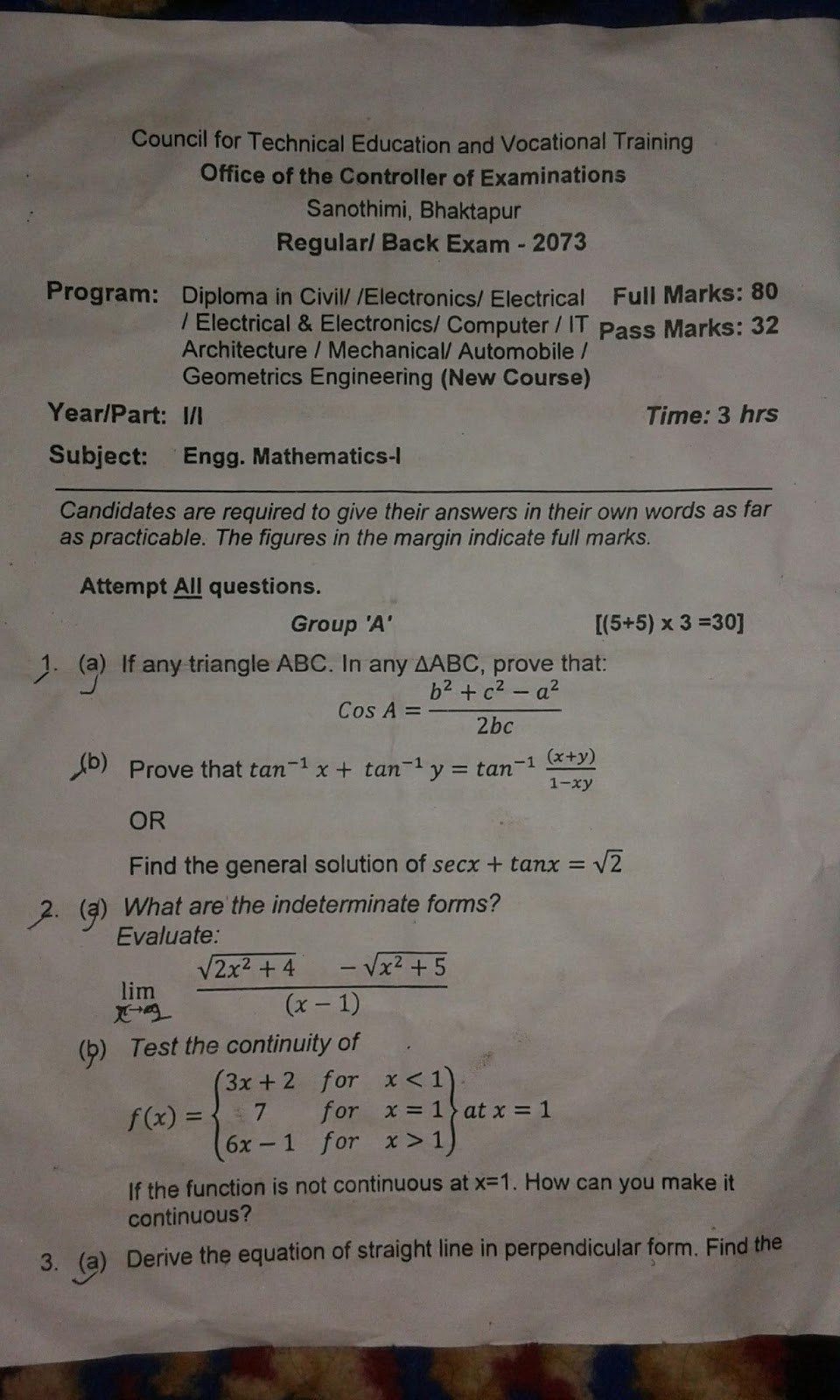 Engineering Mathematics I 1st Semester Questions Papers CTEVT Engineering Mathematics I 1st Semester Questions Papers CTEVT