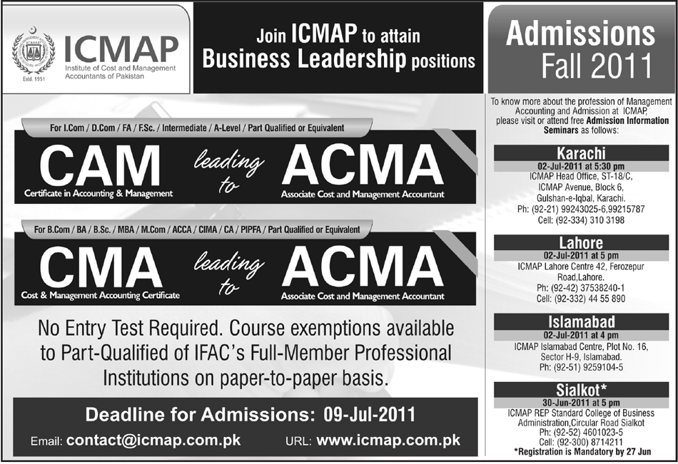 Admission in Pakistan: ICMAP Institute of Cost and Management ...