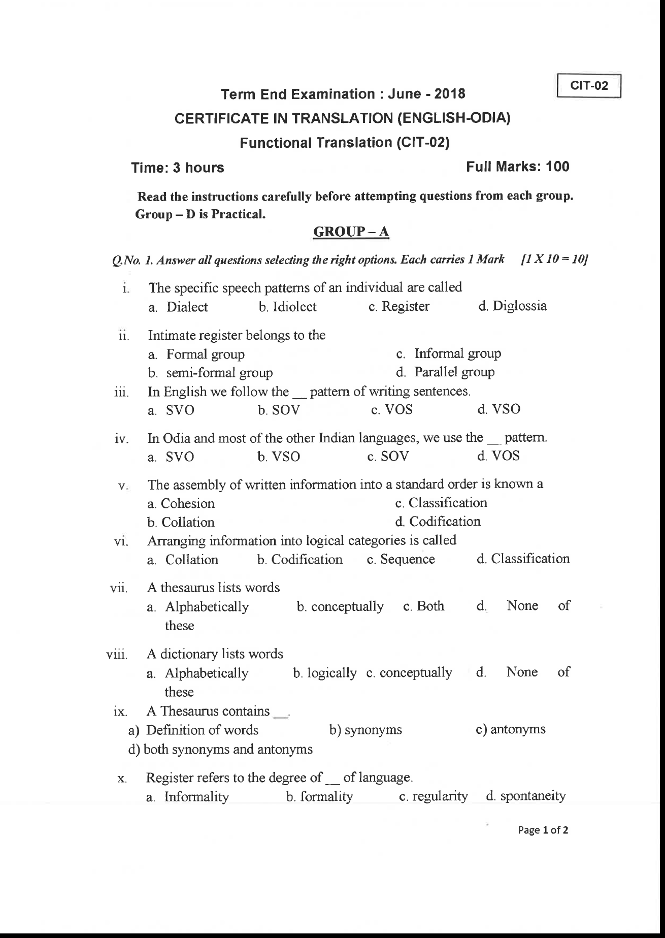 OSPU CIT Functional Translation June 2018 Question Paper - University ...