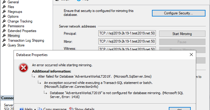 Database is not configured for database mirroring. (Microsoft SQL ...