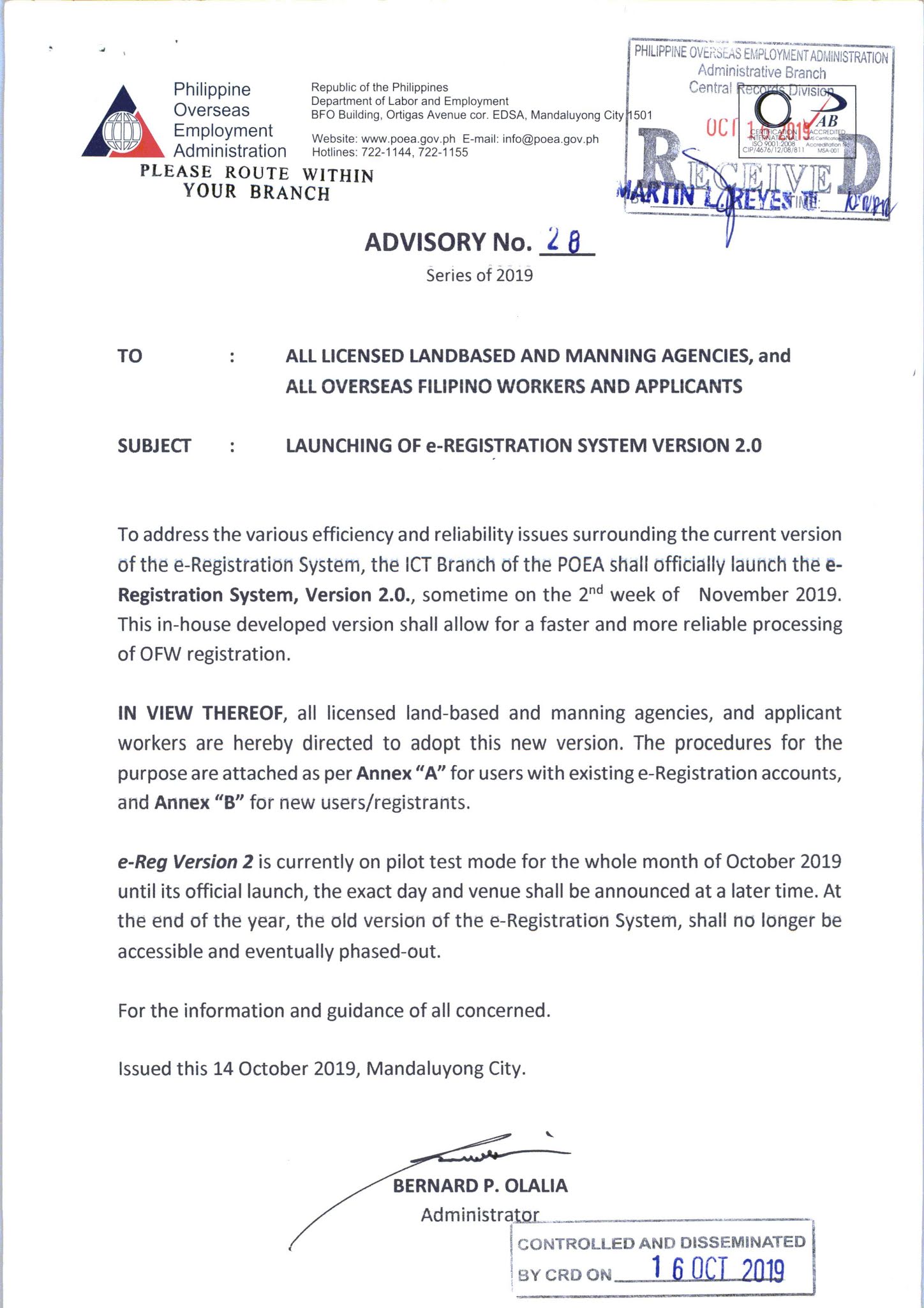 LAUNCHING OF e-REGISTRATION SYSTEM VERSION 2.0