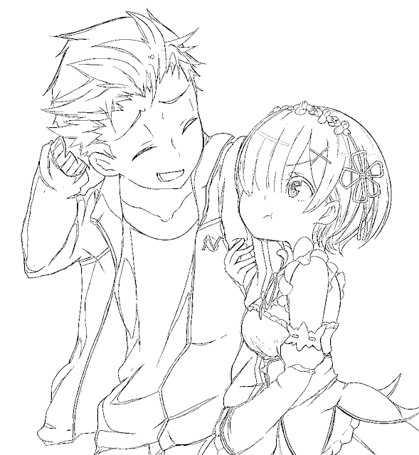 Subaru and Rem (Re:Zero) Coloring Pages Printable - Anime Coloring Pages