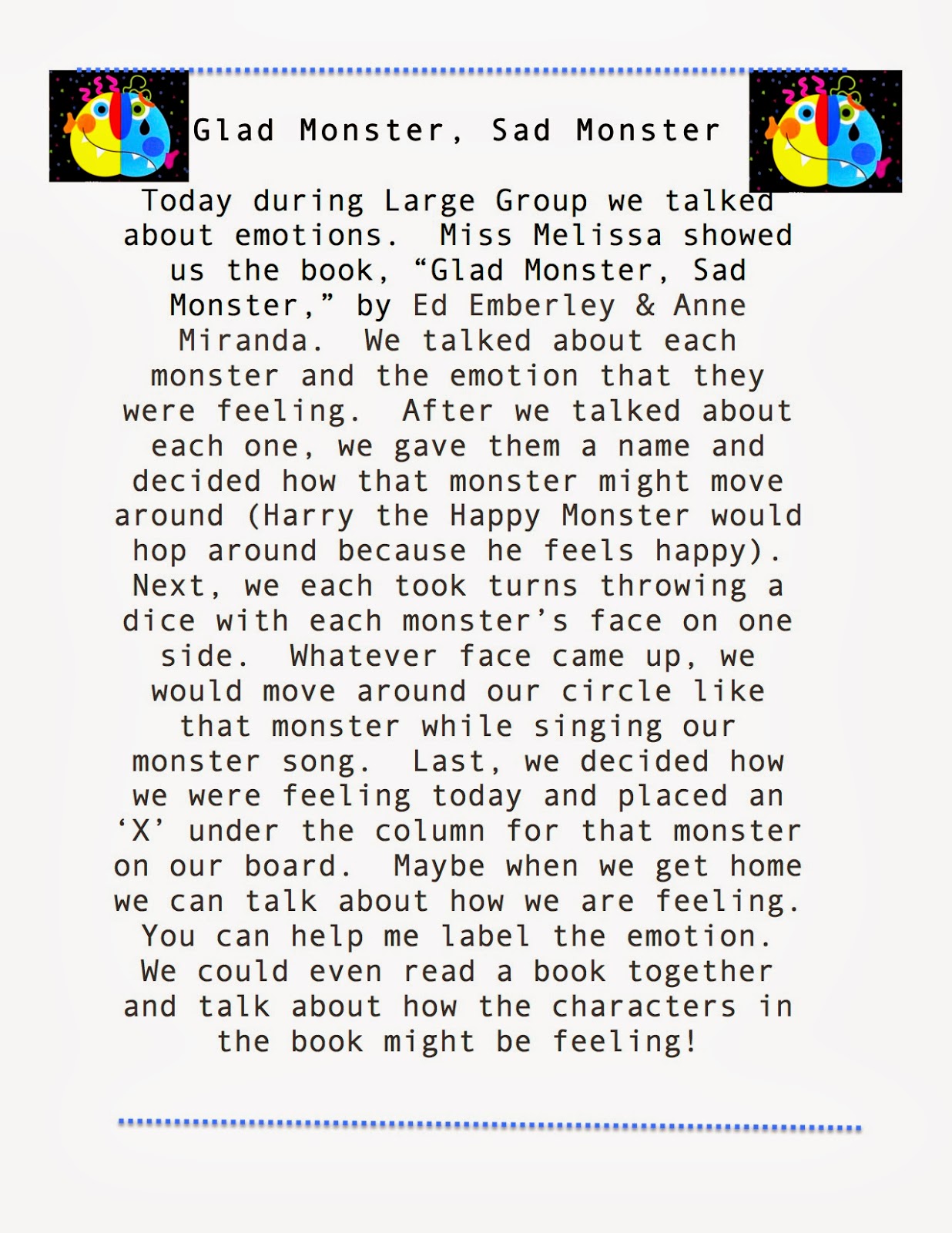 Miss Melissa's Speech : Glad Monster, Sad Monster