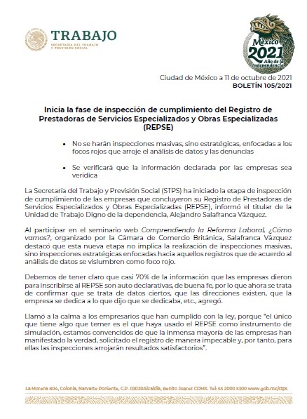 AGNUS CONTADORES: LA STPS INICIARÁ INSPECCIONES EN MATERIA DE REPSE