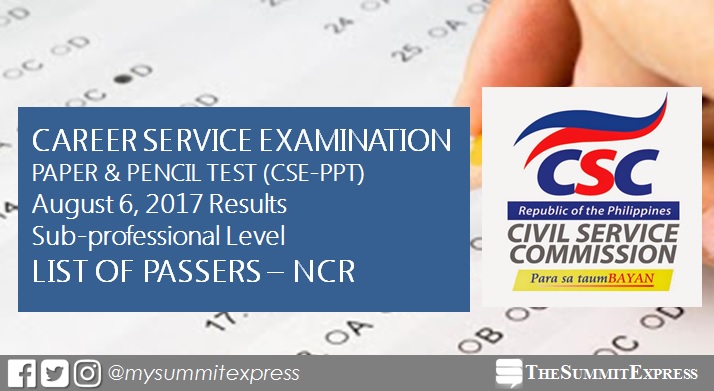 NCR Passers: August 2017 Civil service exam results CSE-PPT (Sub ...