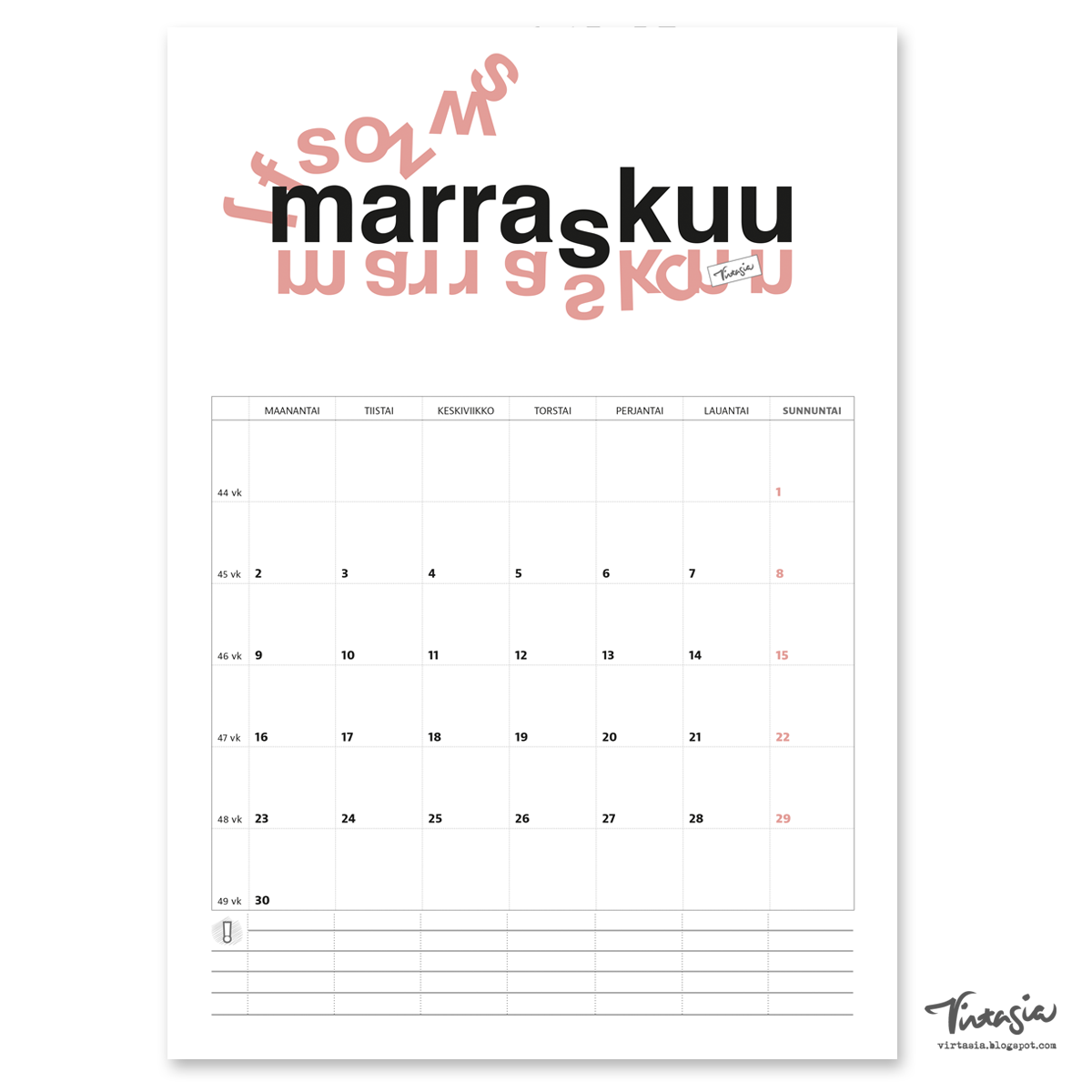 Virtasia: MARRASKUU – tulostettava kalenteri 2020