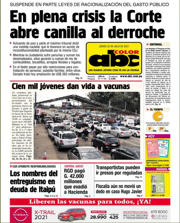 Tapa de Diarios Py 22/JUL/2021