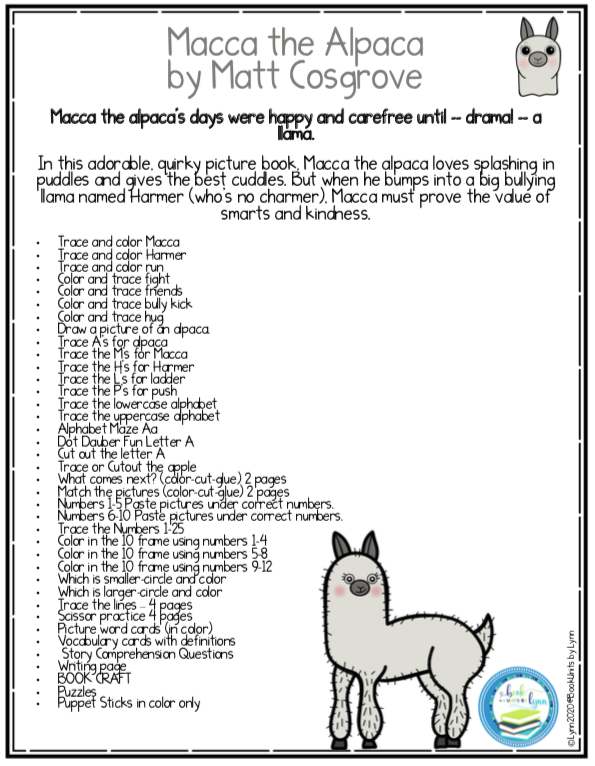 MACCA THE ALPACA BOOK UNIT AND CRAFT ~ Book Units by Lynn