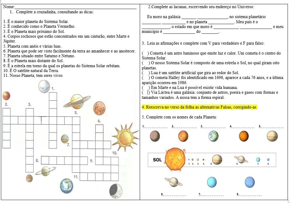 Sistema Solar Atividades 5 Ano - ZULEDU