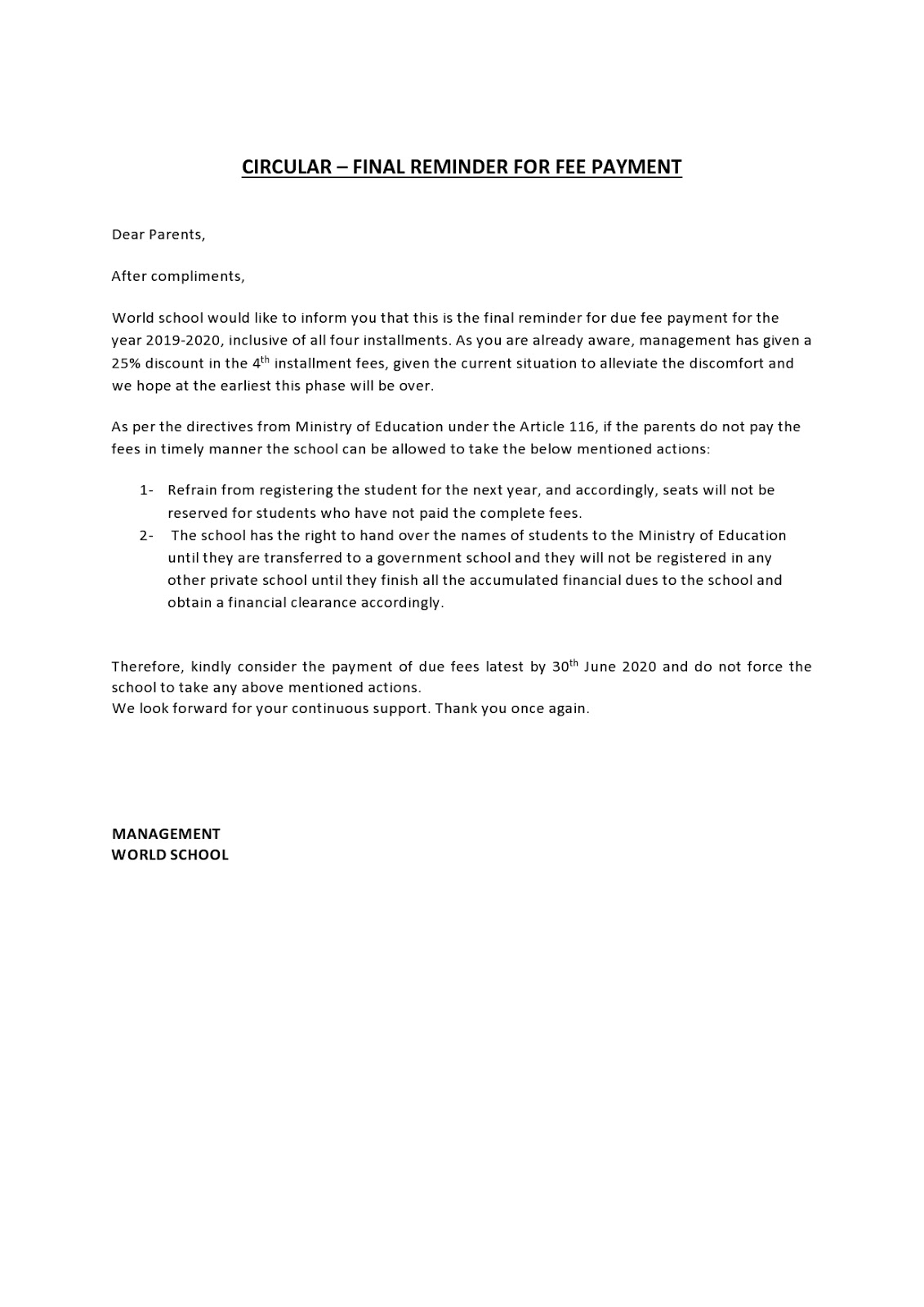 Birla World School Oman: Circular-Final Reminder For Fee Payment