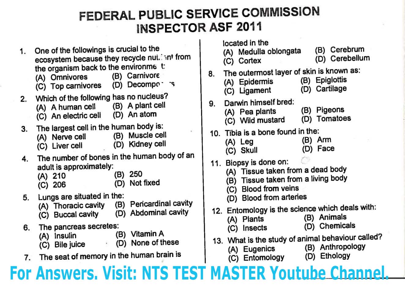 NTS TEST MASTER: ASF Inspector Past paper 2011 by FPSC