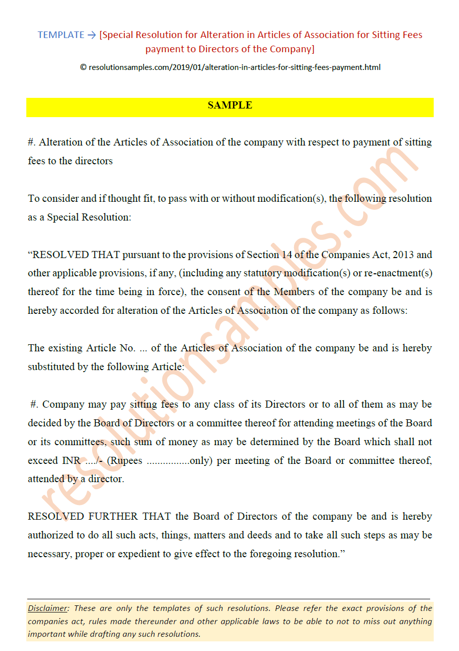 Special Resolution Alteration in Articles for Sitting Fees Payment