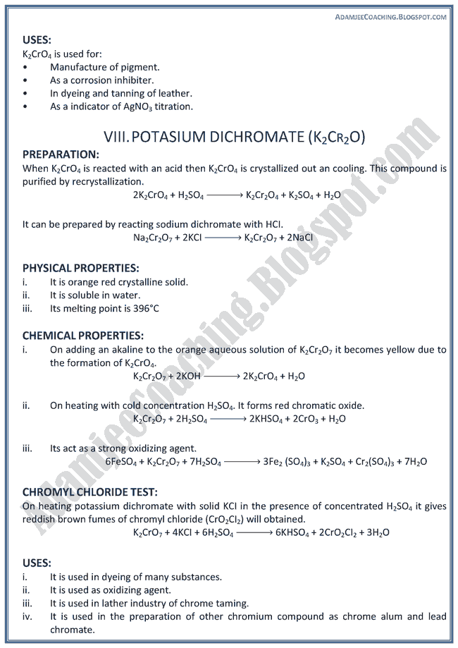 Adamjee Coaching: XII Chemistry Notes - D Block Elements