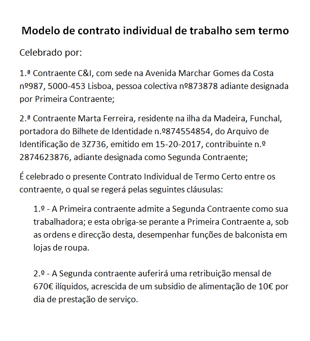 Modelo de Contrato Individual de trabalho sem termo